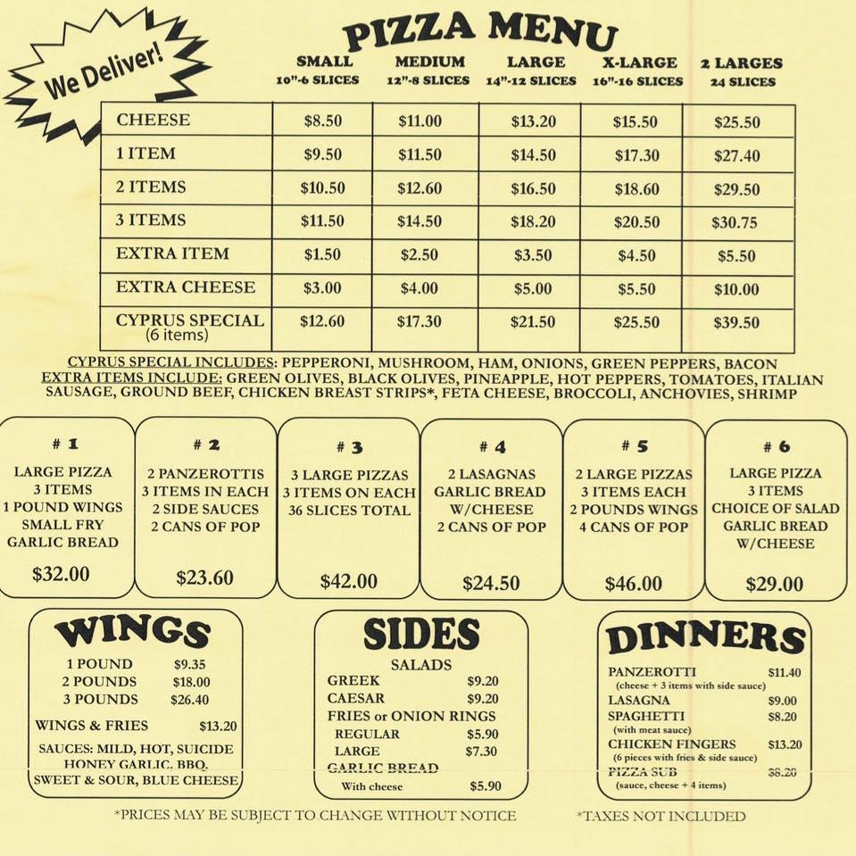 Menu at Cyprus Pizza restaurant, London