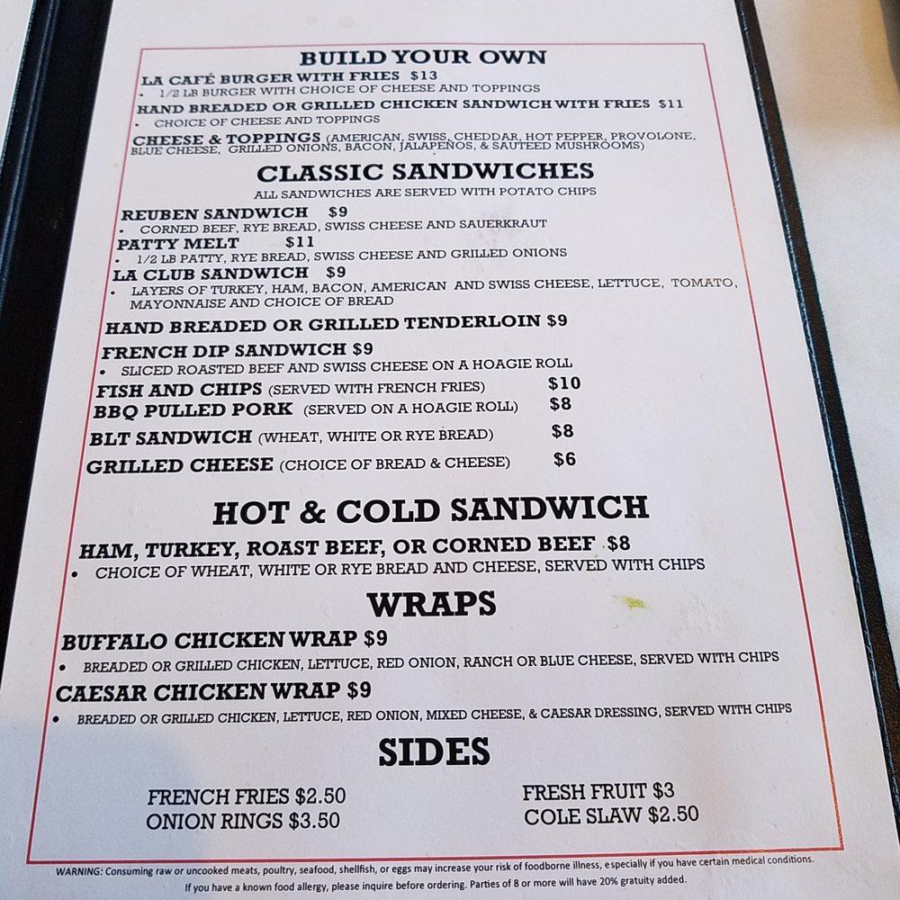 Menu at L.A. Cafe, Whitestown