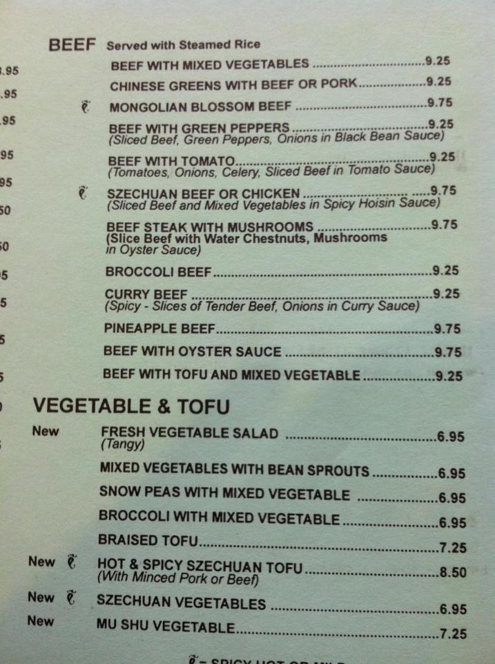 Menu at Lee’s House restaurant, San Jose