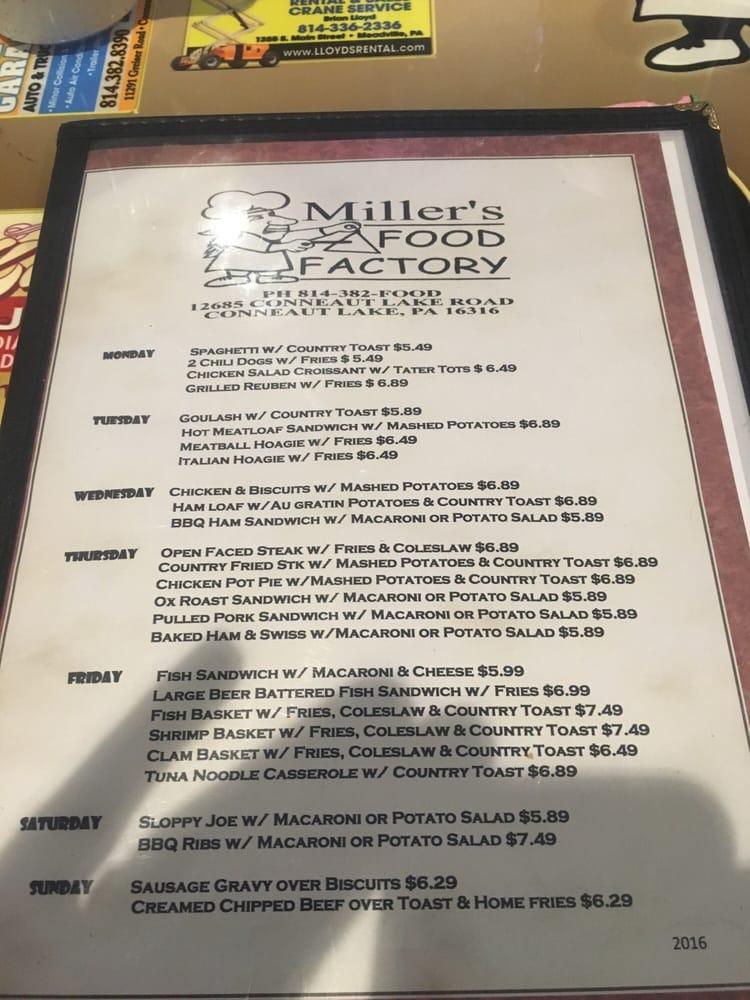 Menu at Miller's Food Factory restaurant, Conneaut Lake