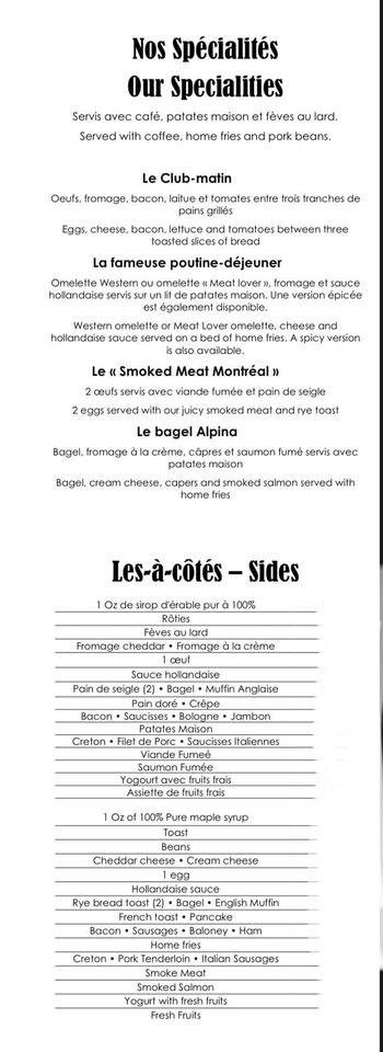 Menu at Restaurant Alpina, Gatineau
