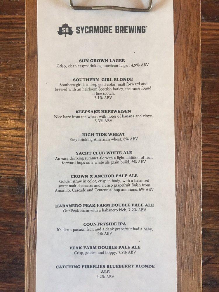 Menu at Sycamore Brewing restaurant, Charlotte, Hawkins St