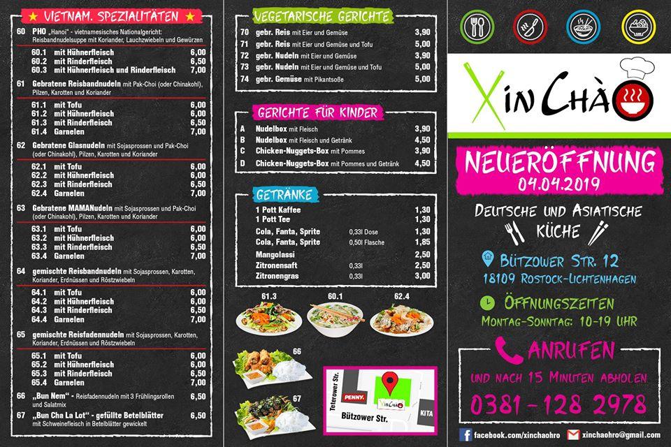 Menu at Xin Chao Bistro restaurant, Rostock