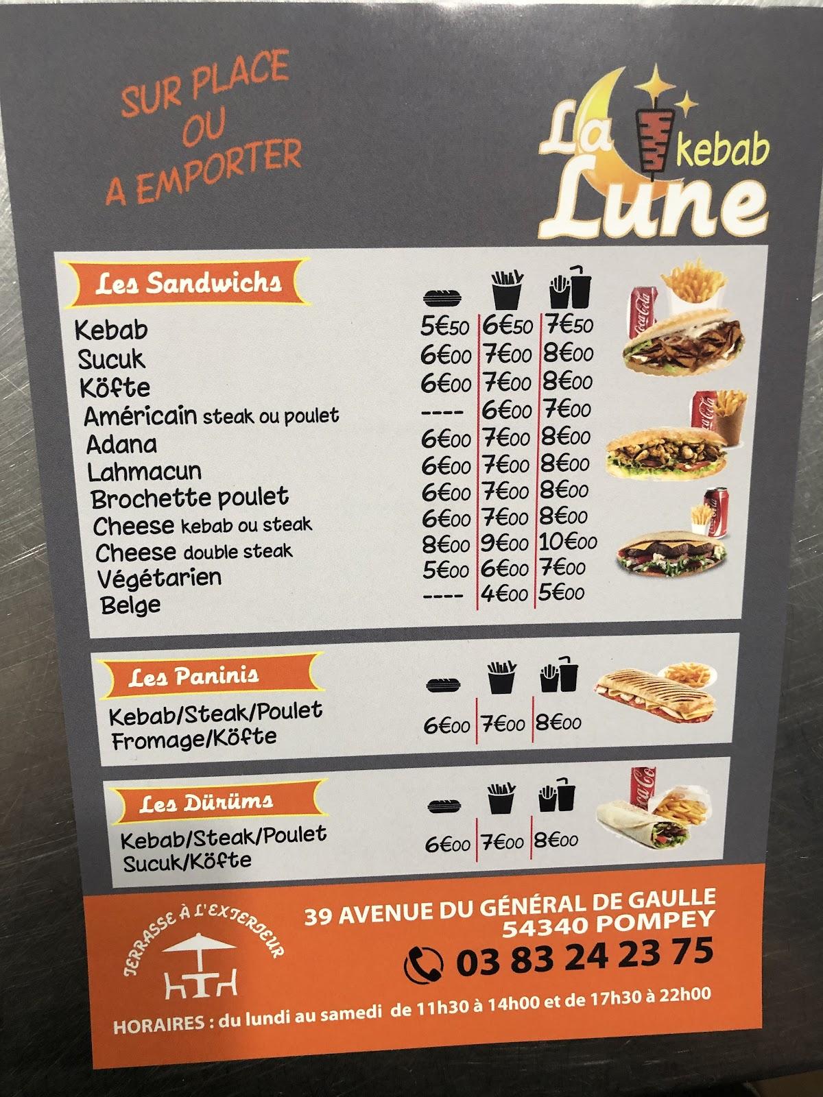 Menu au Kebab La Lune restaurant, Pompey
