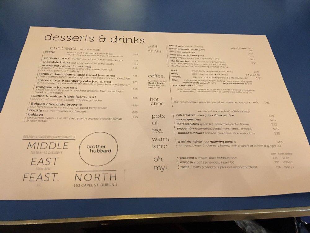 Menu at Brother Hubbard (North), Dublin
