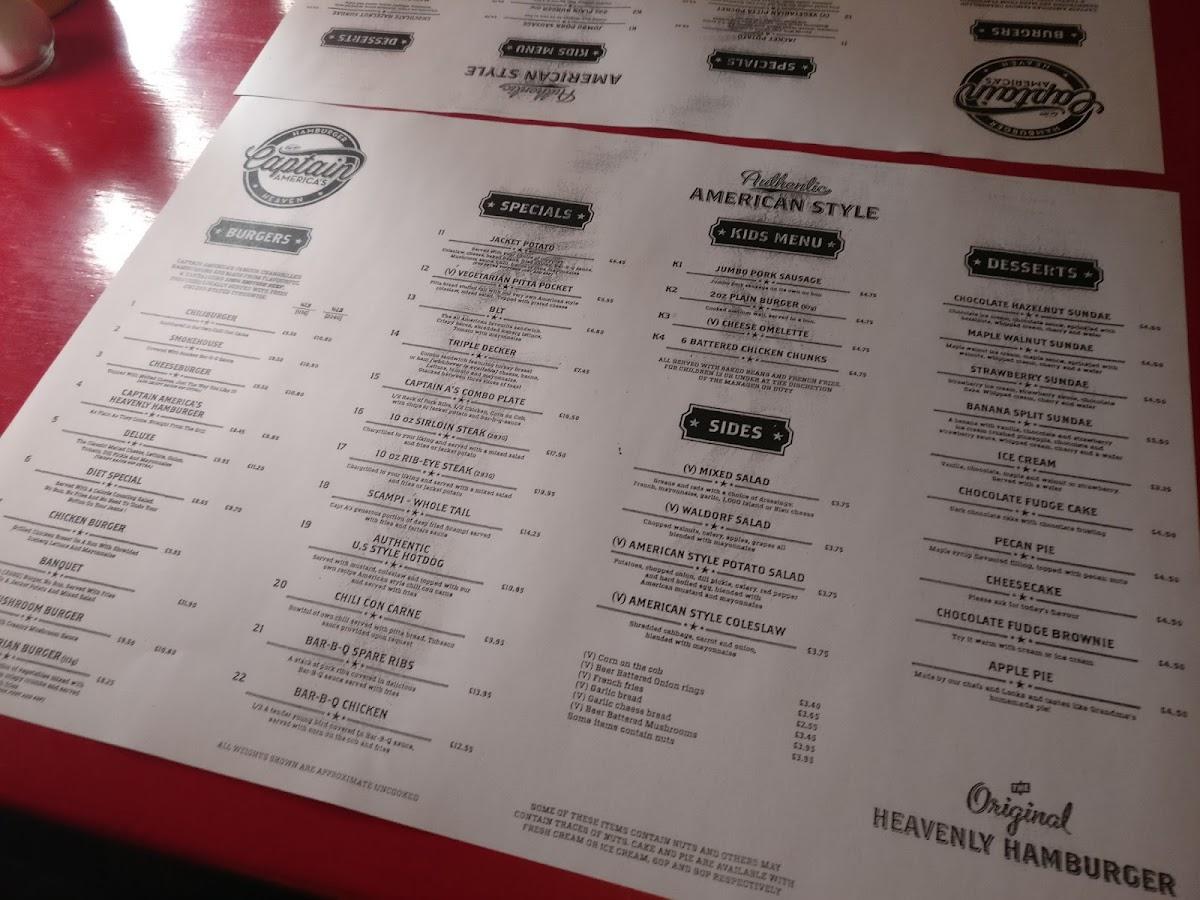 Menu at Captain America's restaurant, Norwich