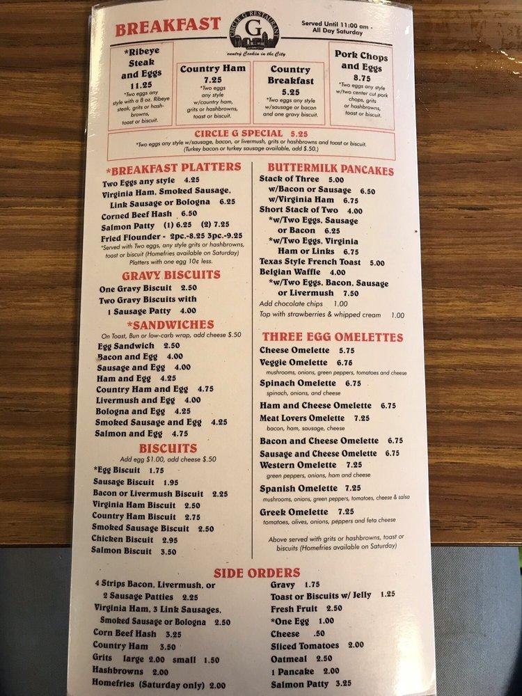 Menu at Circle G Restaurant, Charlotte