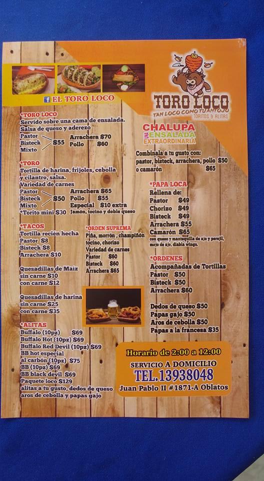 Menu at El TORO LOCO. Tan loco como tu antojo, Guadalajara