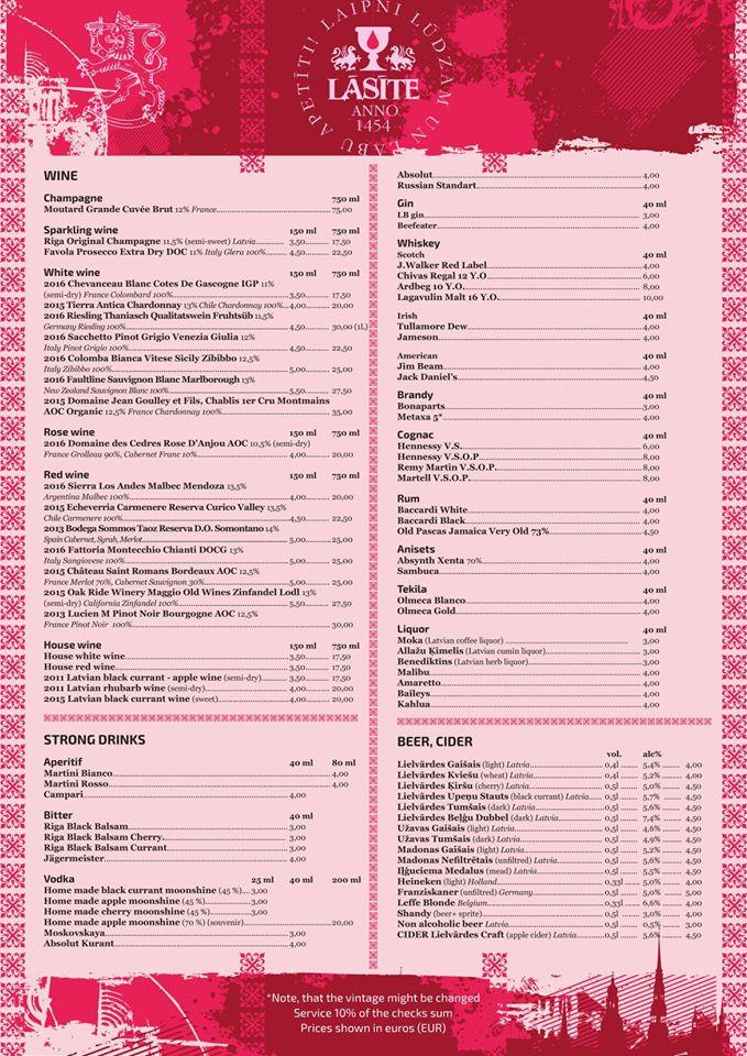 Menu at Viduslaiku restorāns LĀSĪTE restaurant, Riga