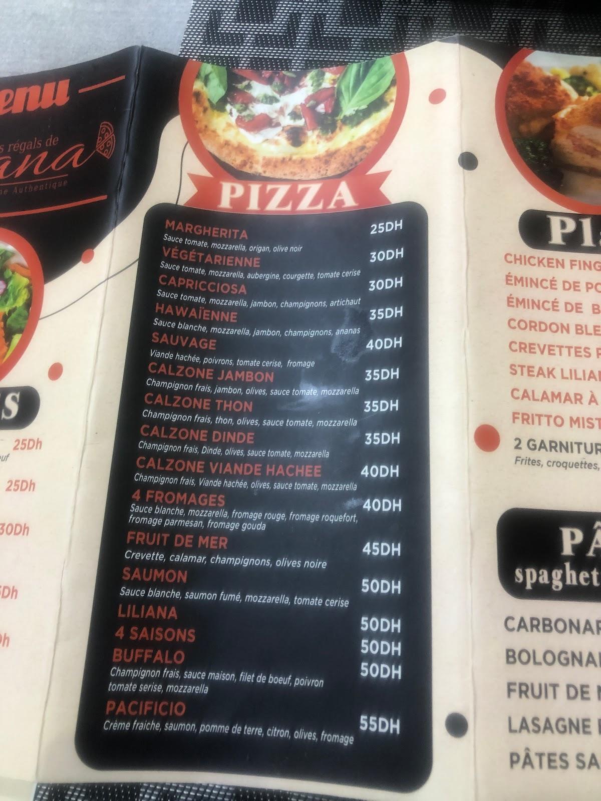 Menu au Liliana restaurant, Beni Mellal