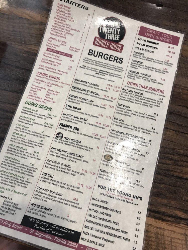 Menu at One Twenty Three Burger House restaurant, St. Augustine