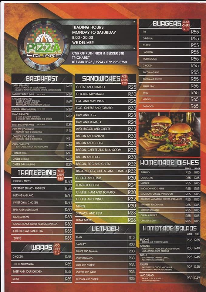 Menu at Pizza Square restaurant, Trichardt