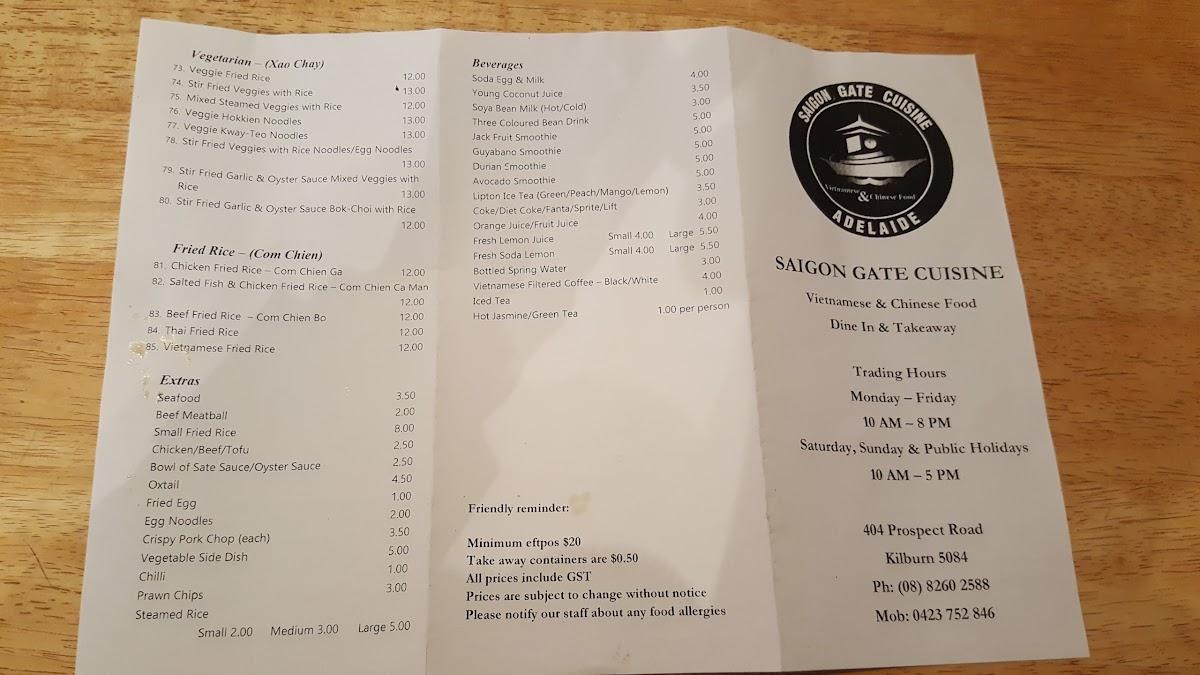 Menu at Saigon Gate Cuisine fast food, Kilburn