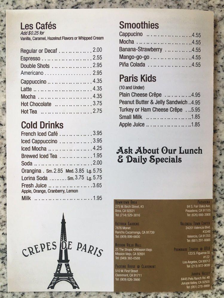 Menu at Crepes De Paris restaurant, Los Angeles