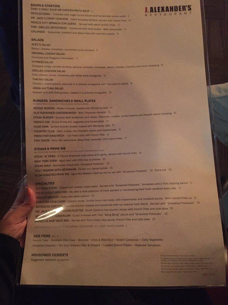 Menu at J. Alexander's Restaurant, Plantation