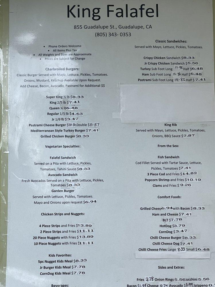 Menu at King Falafel restaurant, Guadalupe