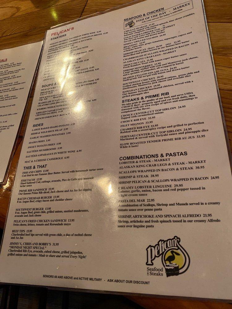 Menu at Pelican's Steak & Seafood pub & bar, El Paso