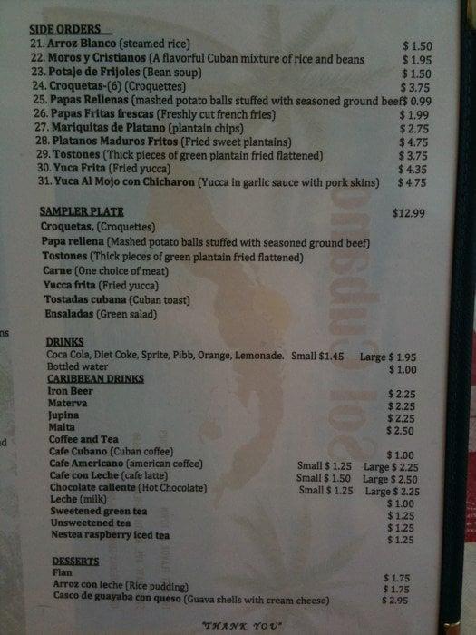 Menu at Sol Cubano restaurant, North Highlands