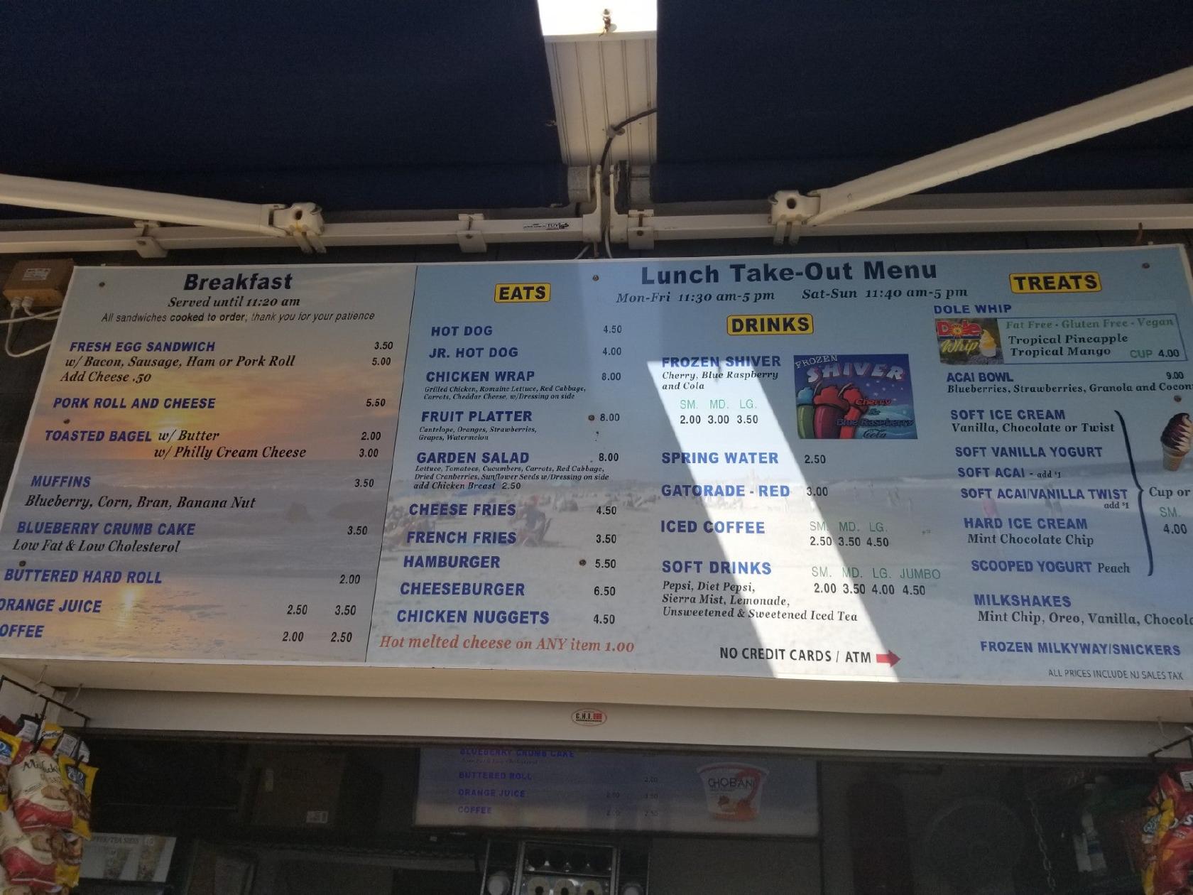 Menu at Avon Pavilion restaurant, Avon-by-the-Sea