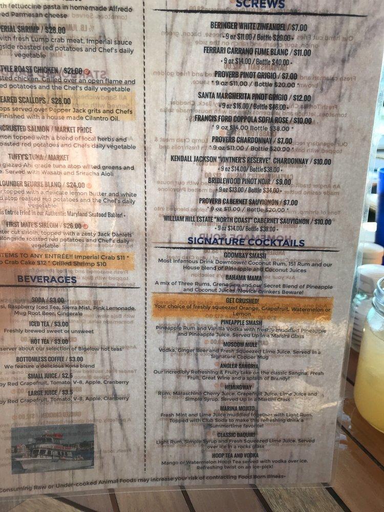 Menu at The Angler Restaurant and Marina, Ocean City