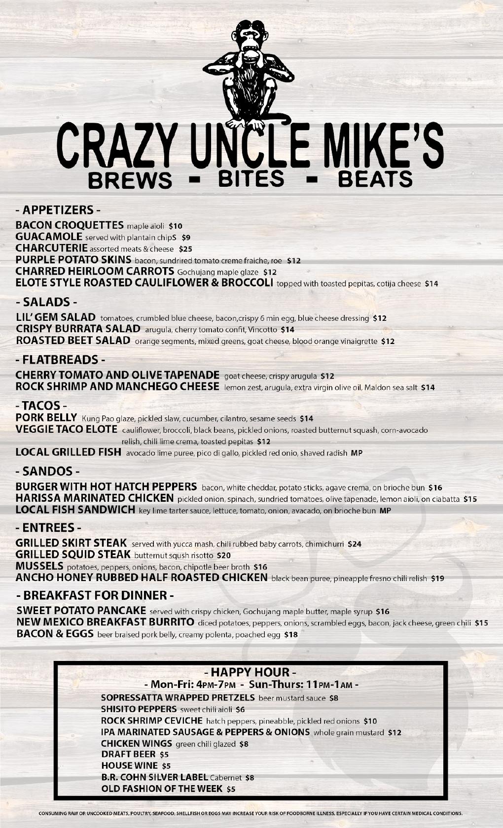 Menu at Crazy Uncle Mike's restaurant, Boca Raton