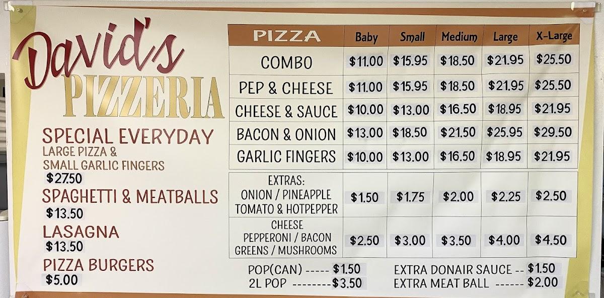 Menu au David's Pizzaria pizzeria, Glace Bay