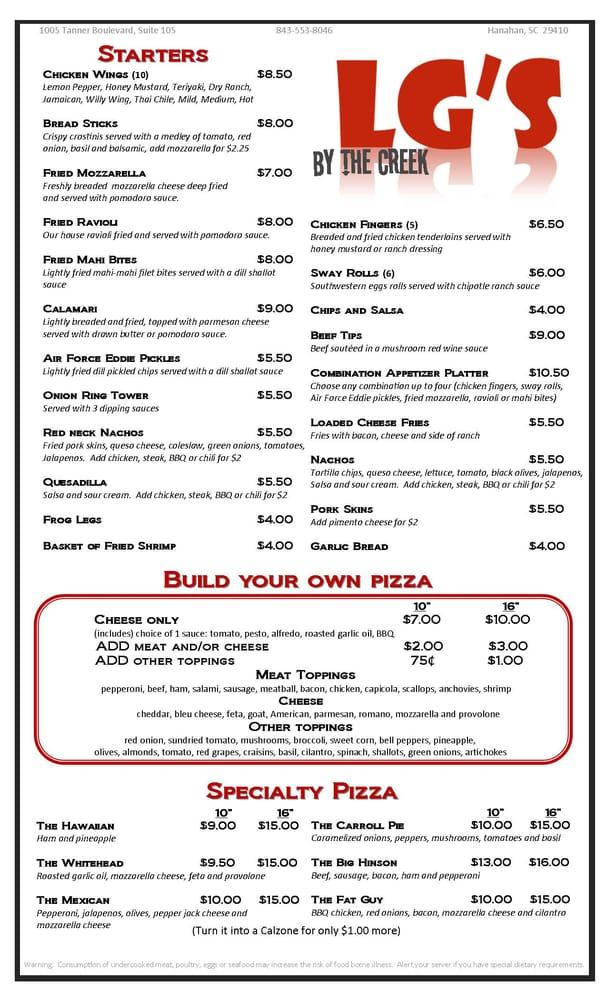 Menu at LG's By The Creek pub & bar, Hanahan