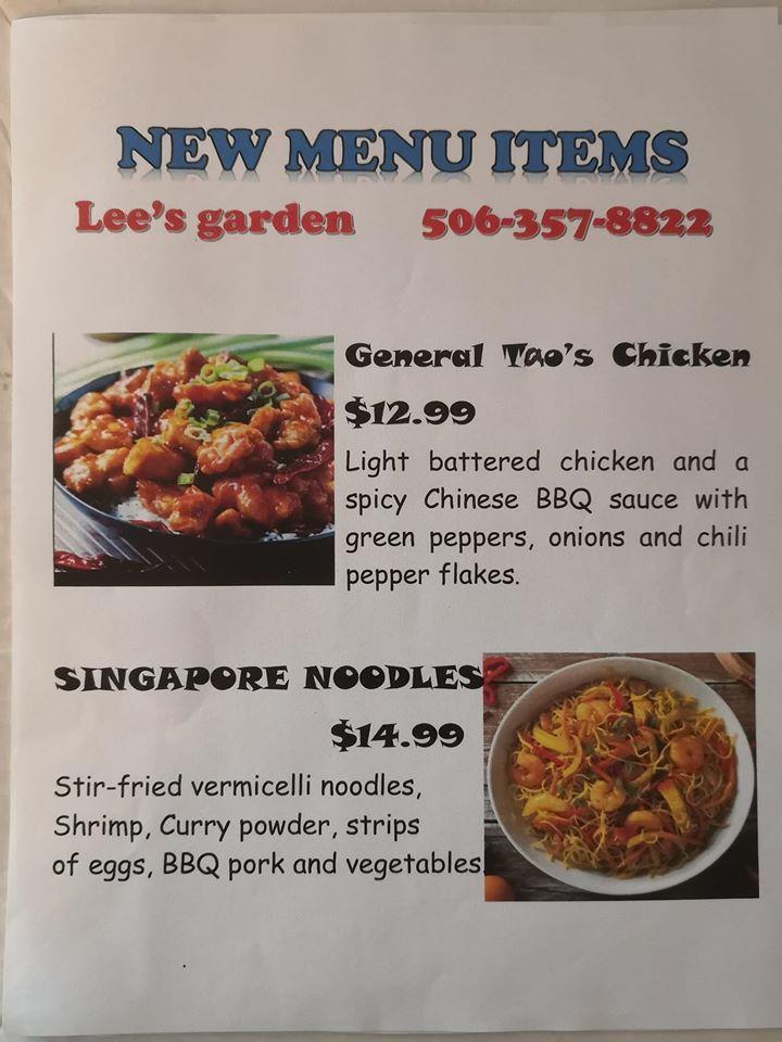 Menu at Lee's Garden restaurant, Oromocto
