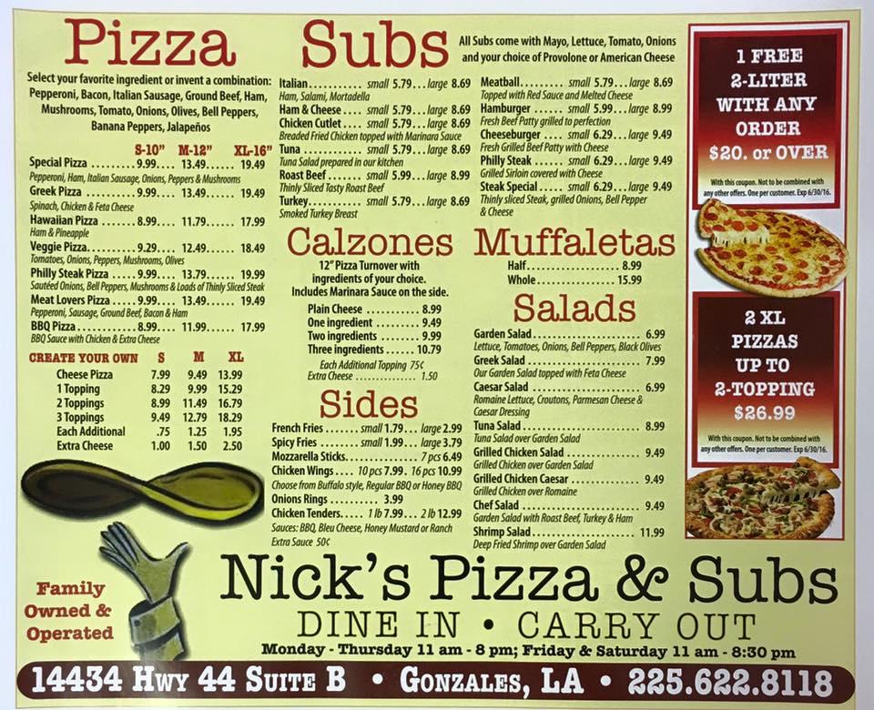 Menu at Nick's Pizza & Subs pizzeria, Gonzales
