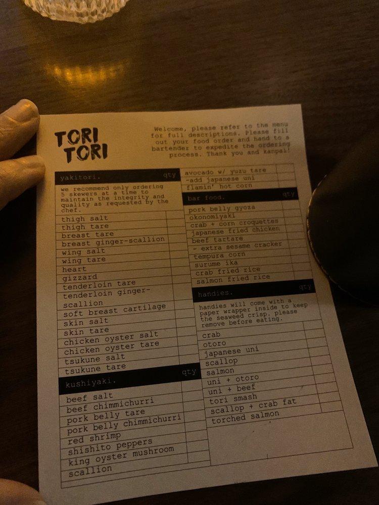 Menu at TORI TORI pub & bar, Orlando