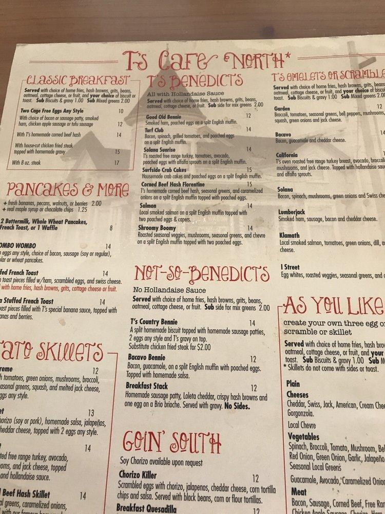 Menu at T's Cafe North, Arcata