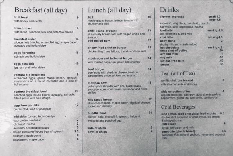 Menu at Ventura Cafe & Surf, Lauderdale