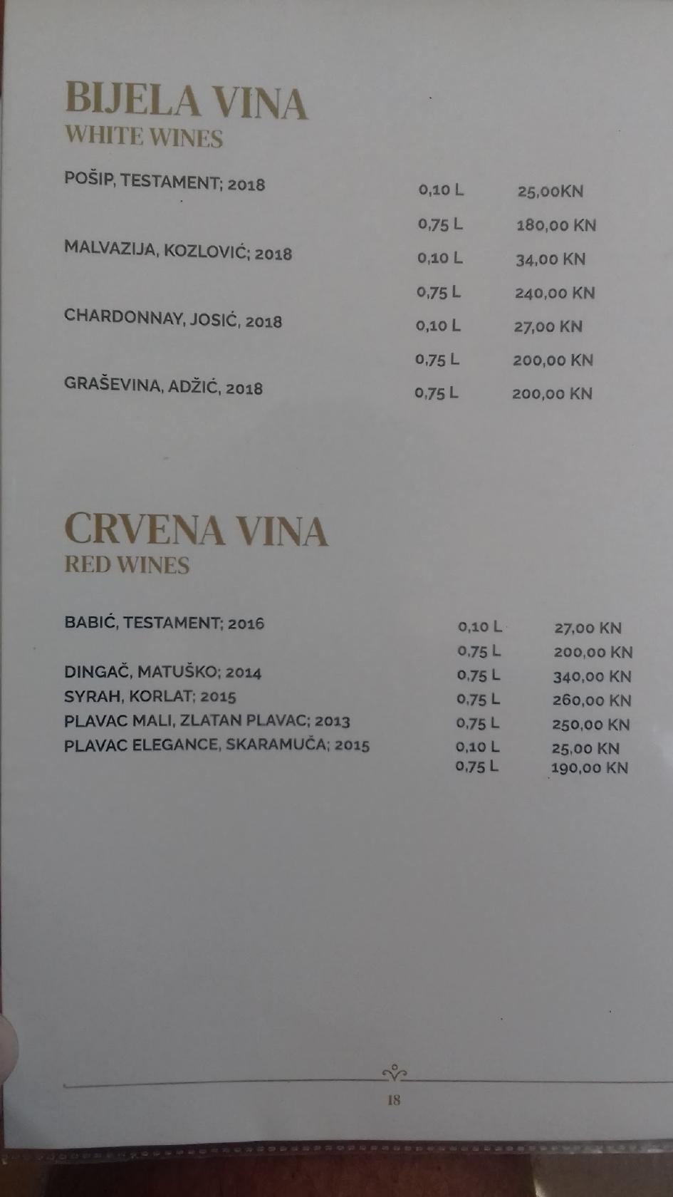 Menu at Veranda restaurant, Žaborić