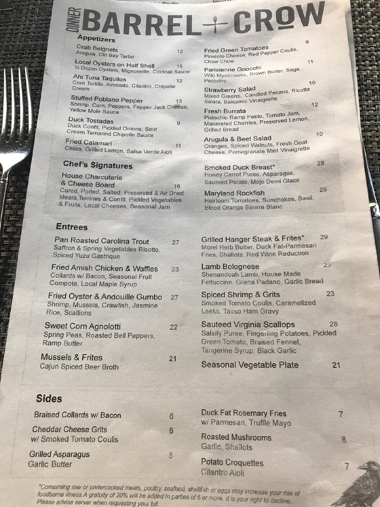 Menu at Barrel & Crow, Bethesda