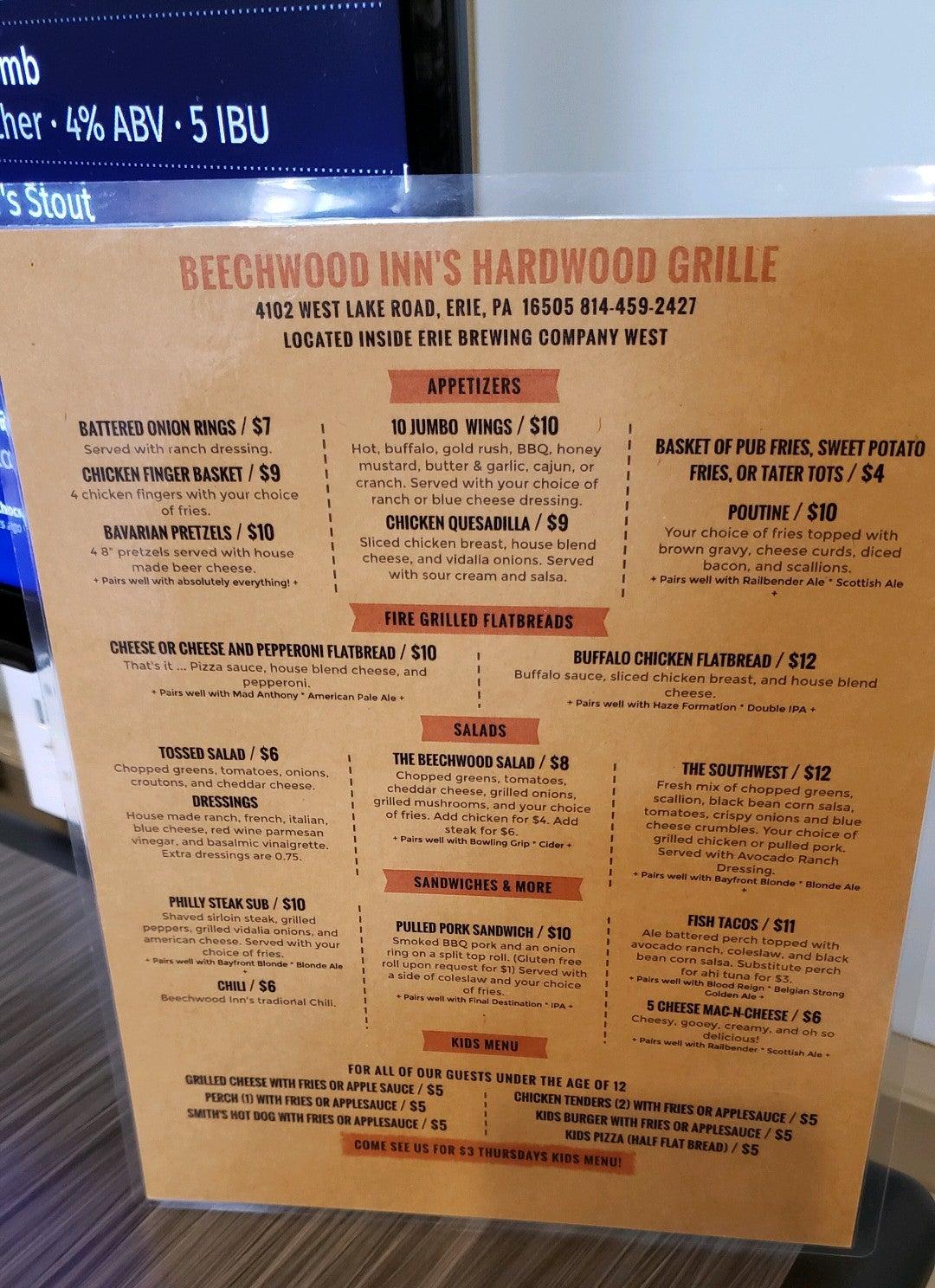 Menu at Beechwood Inn's Hardwood Grille restaurant, Erie