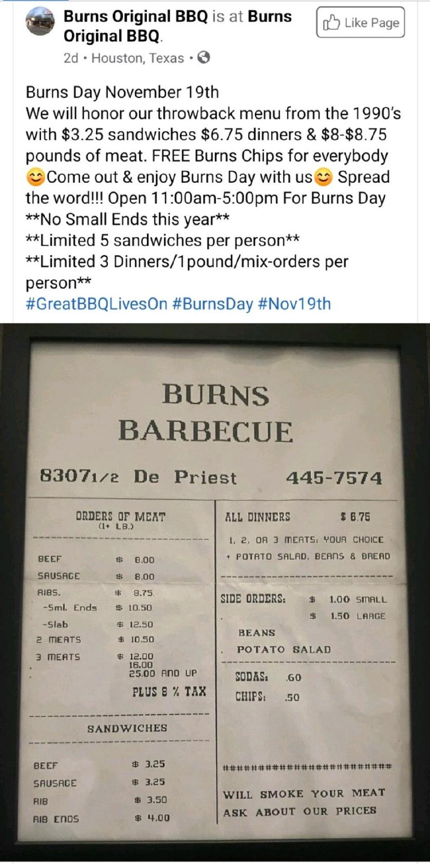 Menu at Burns Original BBQ, Houston, De Priest St