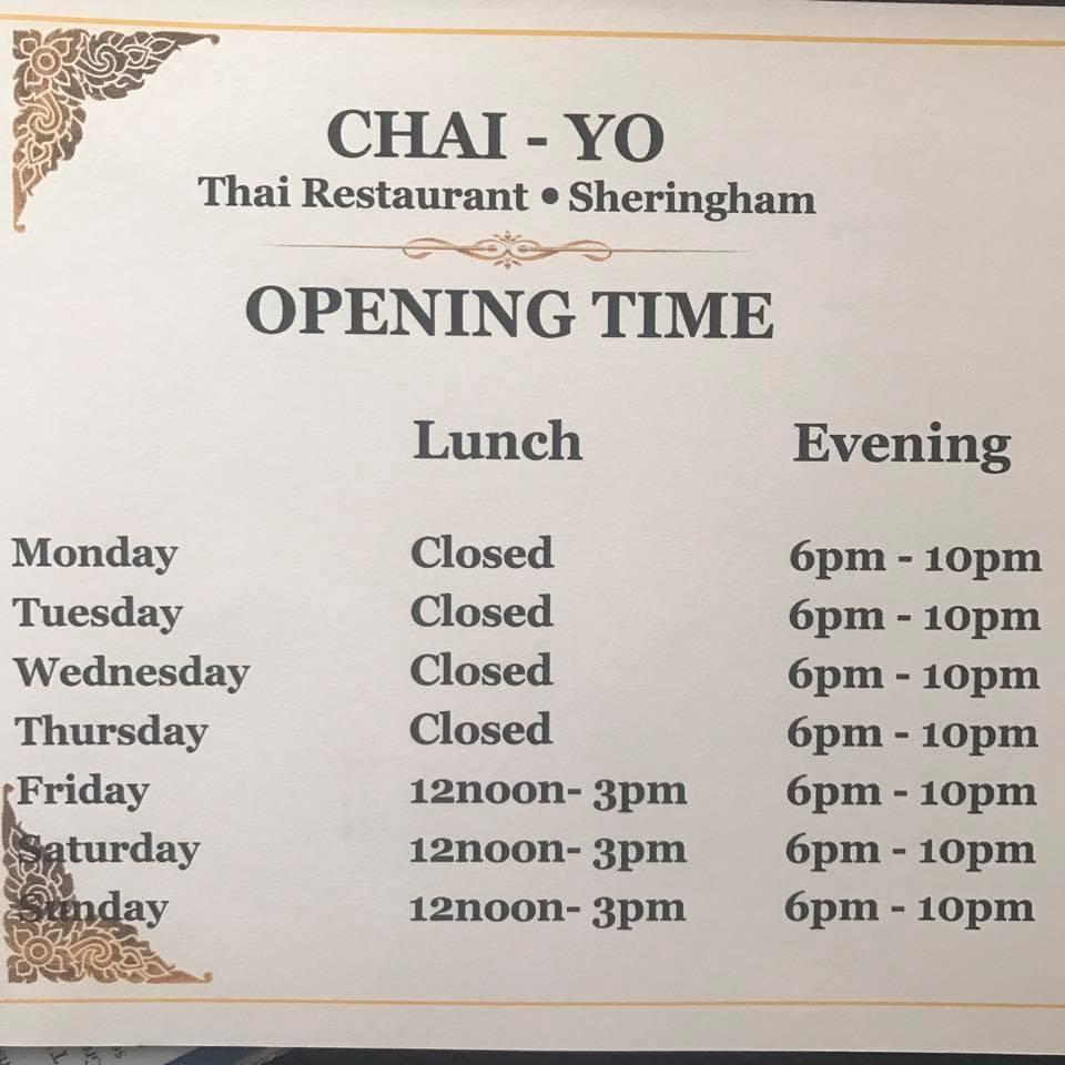 Menu at Chai-Yo restaurant, Sheringham