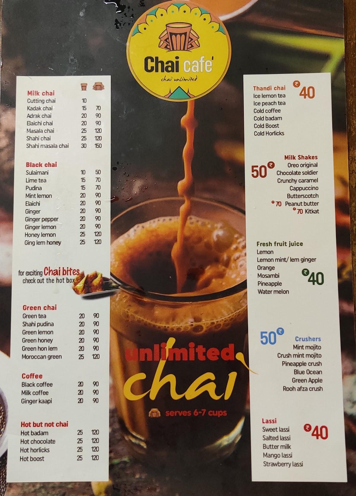 Menu at Chai Café, Manipal