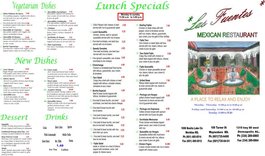Menu at Las Fuentes Mexican Restaurant, Demopolis, US 80 W