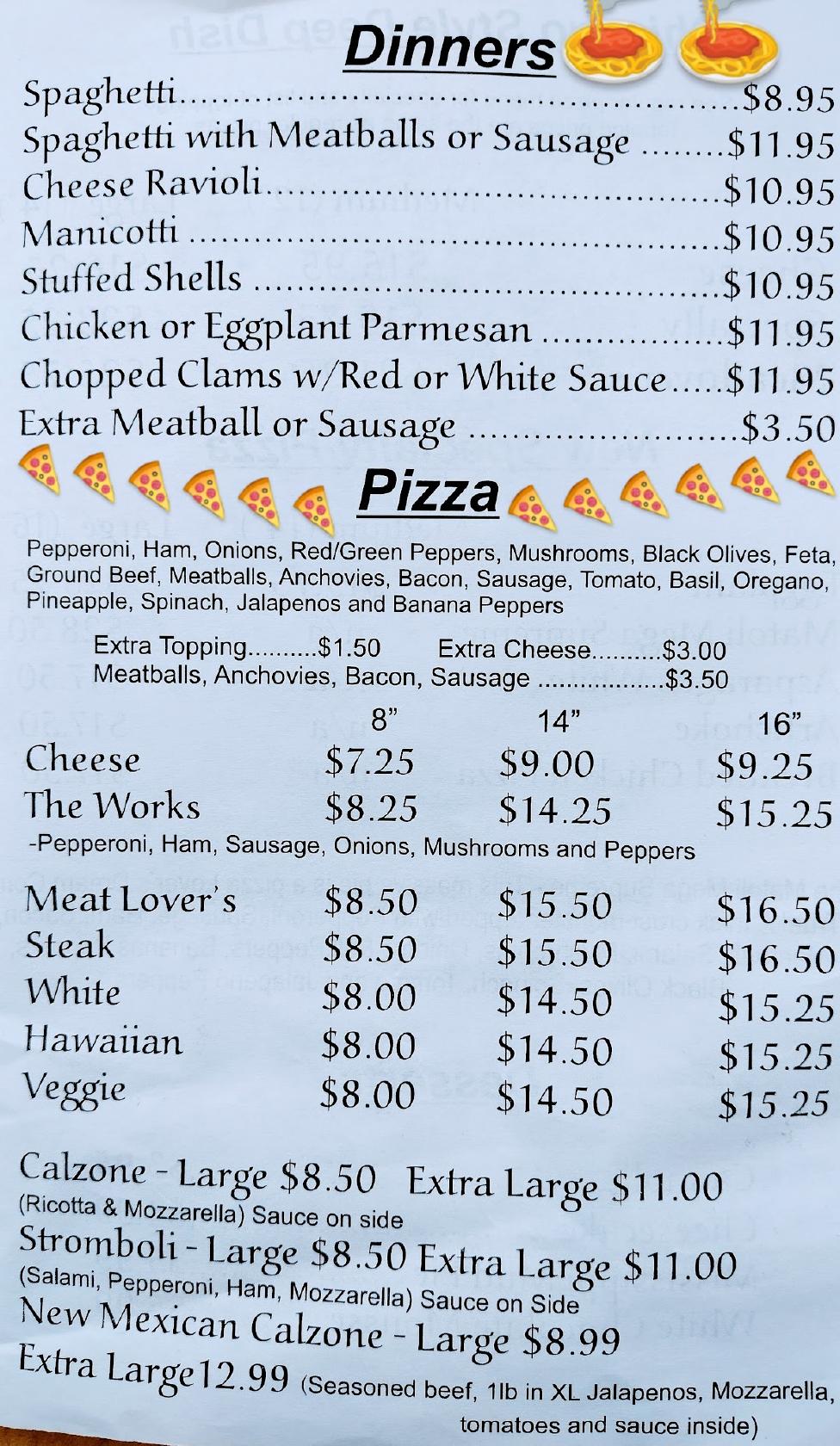 Menu at Matoli's Pizza & Subs pizzeria, Hernando Beach
