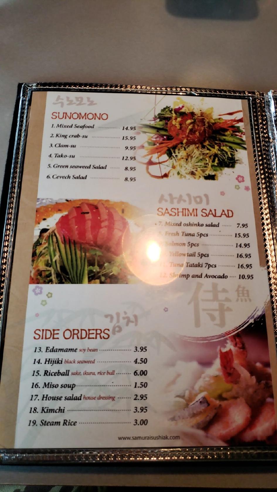 Menu at Samurai Sushi restaurant, Anchorage