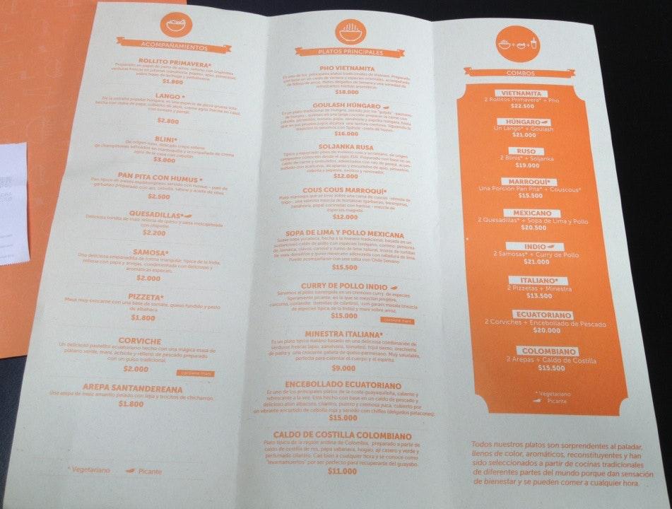 Menu at Bowl restaurant, Bogotá