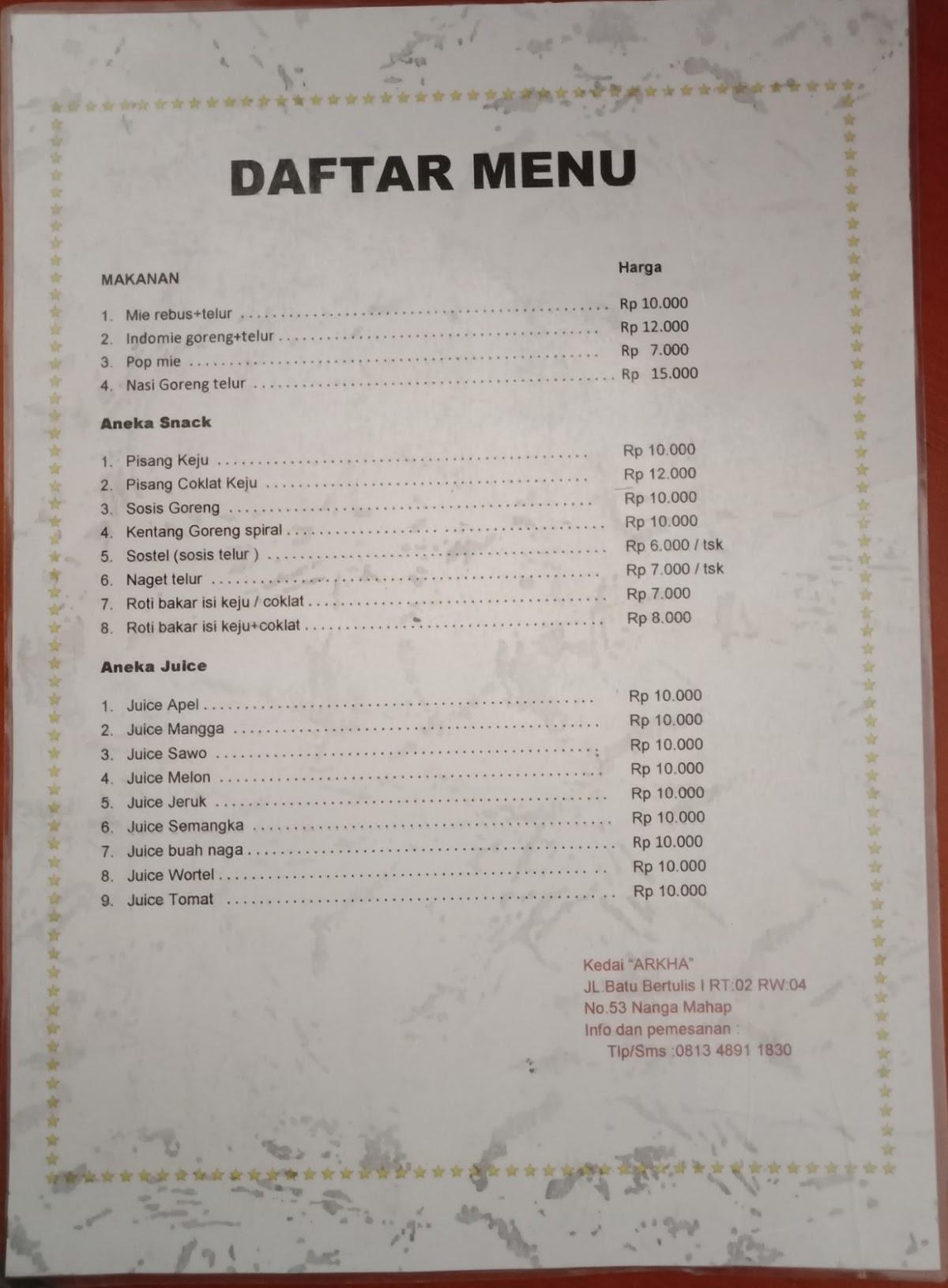 Menu at Kedai Arka cafe, Nanga Mahap