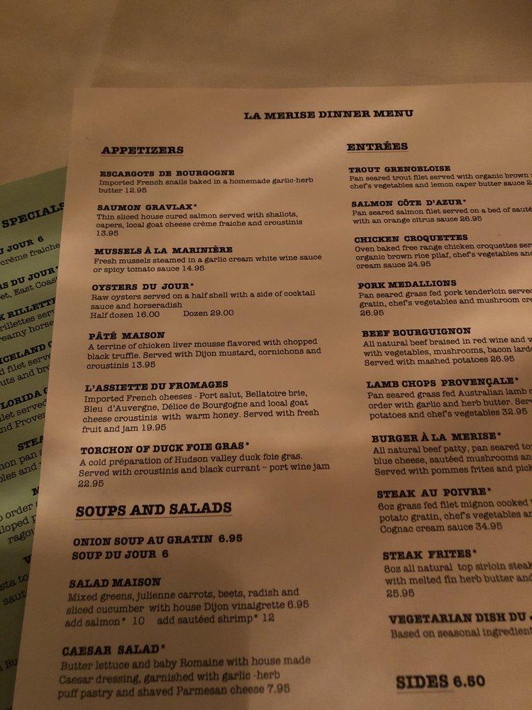 Menu at La Merise French Bistro restaurant, Denver