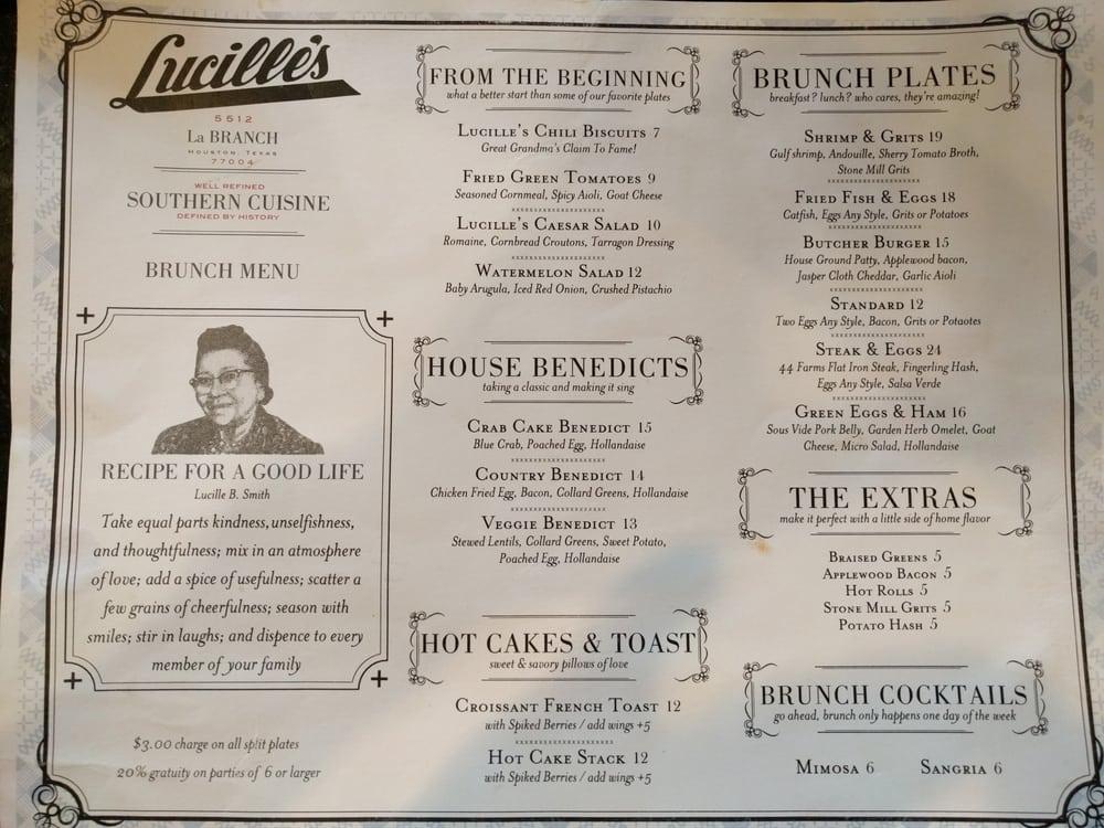 Menu at Lucille's restaurant, Houston