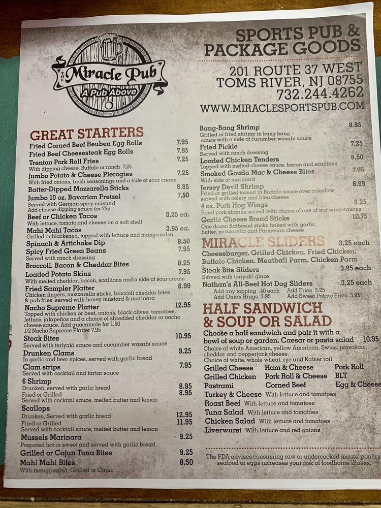 Menu at Miracle Pub, Toms River