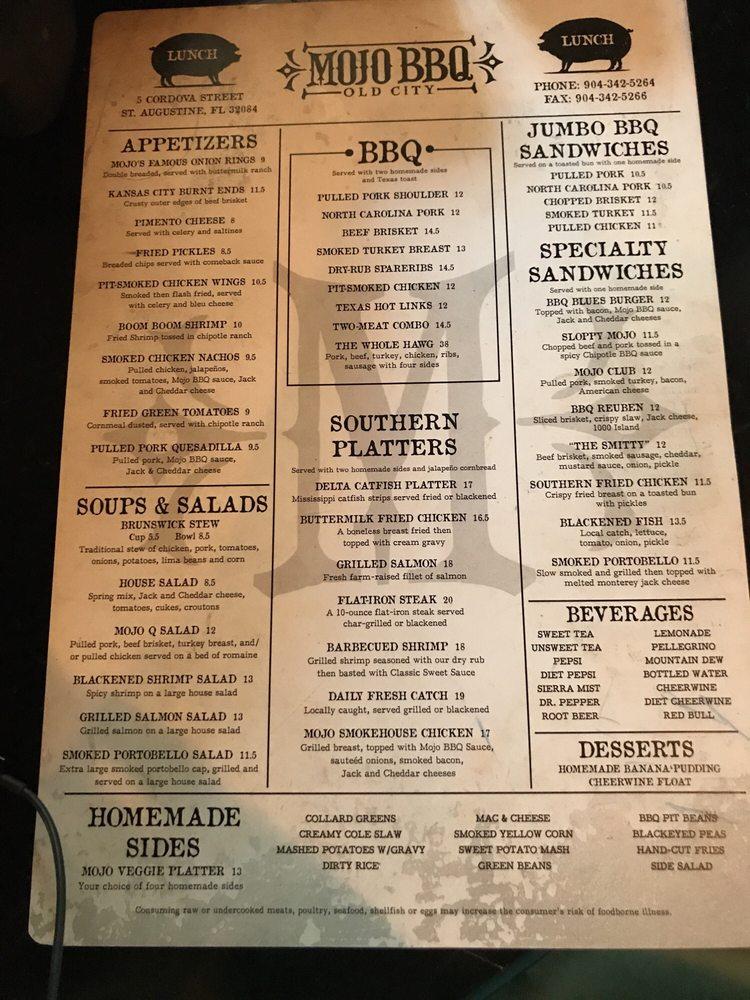 Menu at Mojo Old City BBQ, St. Augustine
