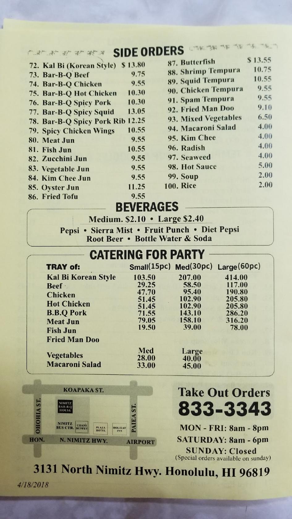Menu at Nimitz Bar-Bq House, Honolulu