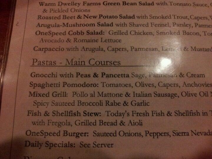 Menu at OneSpeed pizzeria, Sacramento