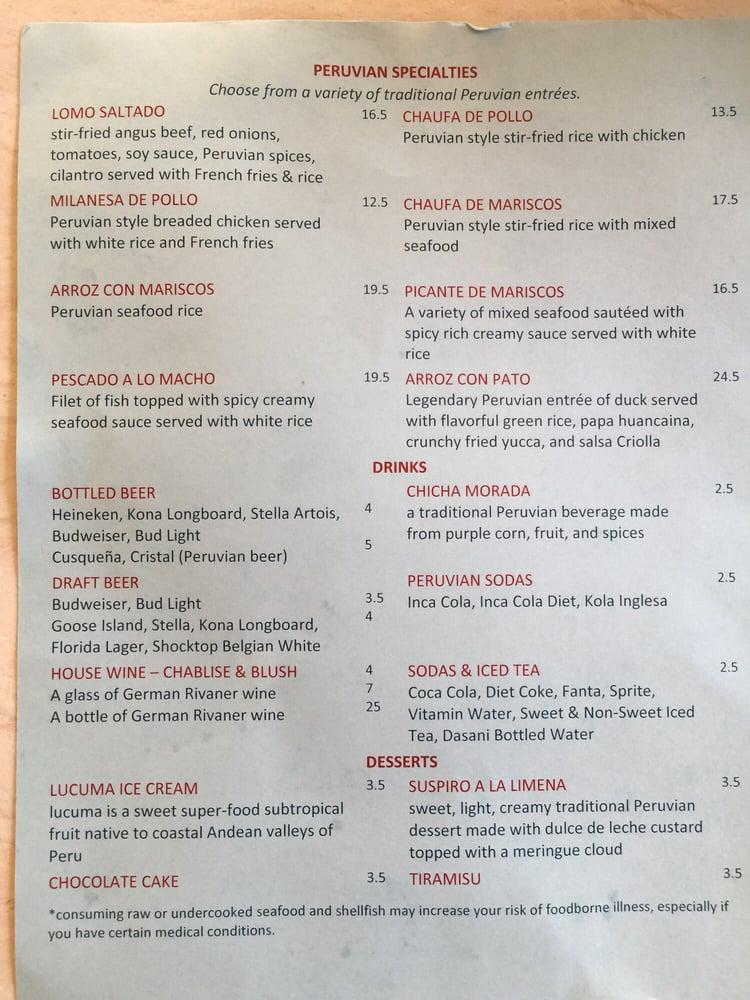 Menu at Pico Alto PHC Peruvian Restaurant, Indialantic